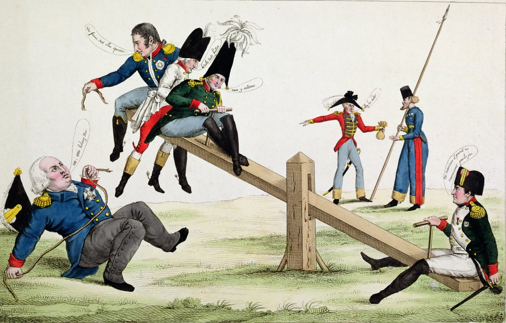 Karikatur von Louis XVIII, Napoleon und den Alliierten zur Zeit der ...