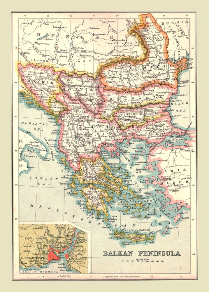 Physische Karte Von Europa, Balkanhalbinsel 1898 1904 Politische