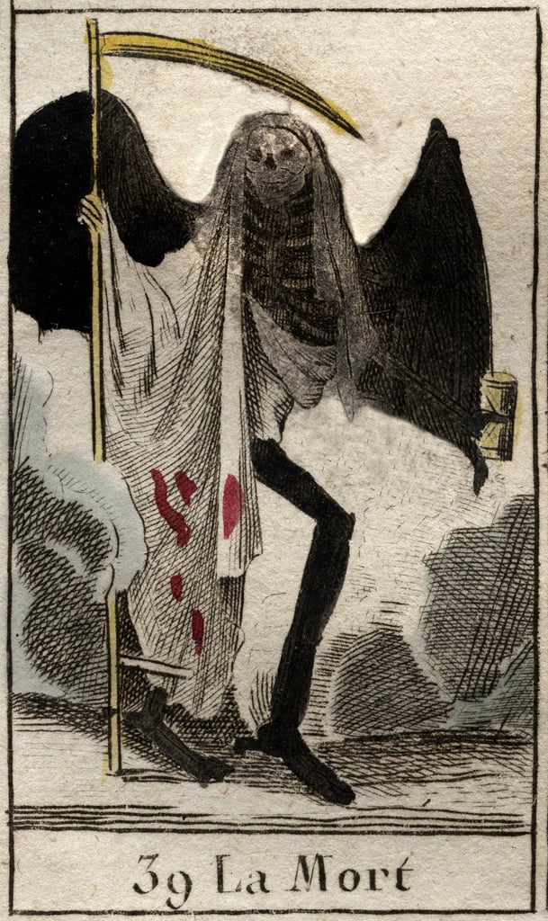 Darstellung des Todes, schwarz gekleidetes, geflügeltes Skelett, er ...