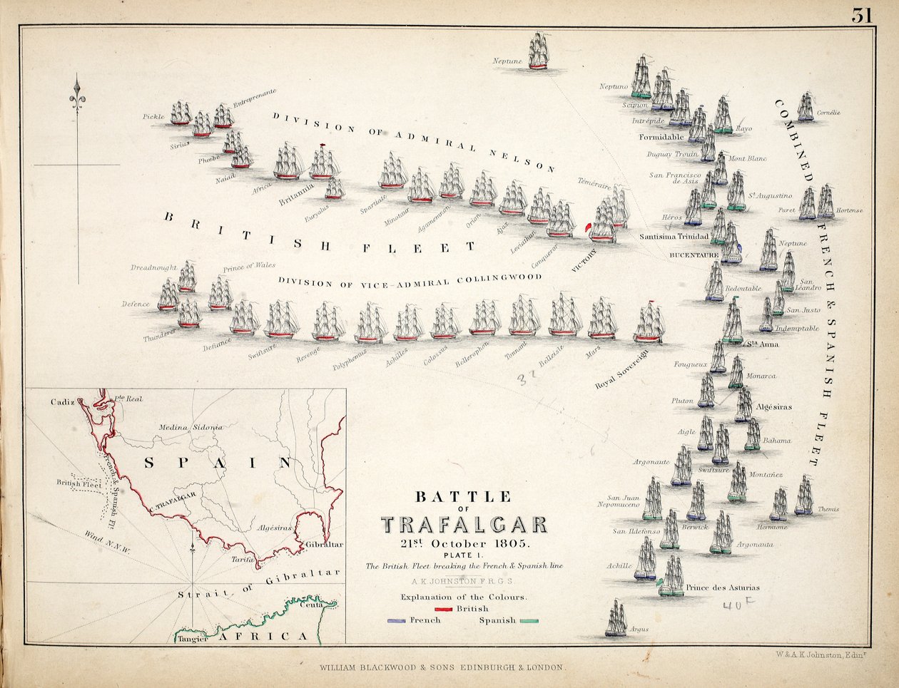 Karte der Schlacht von Trafalgar, veröffentlicht von William Blackwood ...