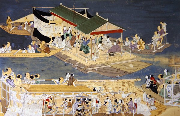 Fest auf dem Wasser mit Sarugaku-Theaterunterhaltung, Illustration in ...